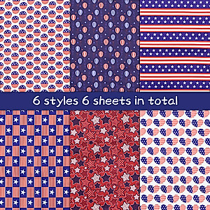 American Flag Cotton Fabric Squares 20x20Inch, 6PCS 4th of July Fabric Red Blue White Star Stripe Heart Balloon Circle Patchwork Sewing for DIY Crafts Supplies, Gift Wrap for American Independence Day