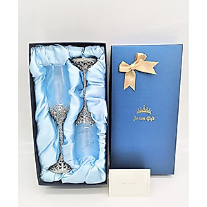 Jozen Gift Champagne Flutes - Crystal Glass Metal Base With Crystal Stones, Set of 2 Toasting Flute Pair, Wedding Anniversary Party Birthday Banquets and Gifts for Bride and Groom7oz