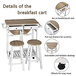 Drop Leaf Breakfast Table Space Saving Dining Table Island Table for Kitchen with Chairs Breakfast Cart with Stools