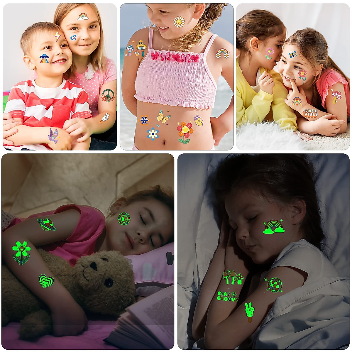 Konsait Groovy 70s Temporary Tattoos for Kids, 90 Pcs Glow in Dark Hippie Tattoos Stickers Flower Rainbow Butterfly Love and Peace Face Tattoos for Girls Flower Power Birthday Party Favor Supplies