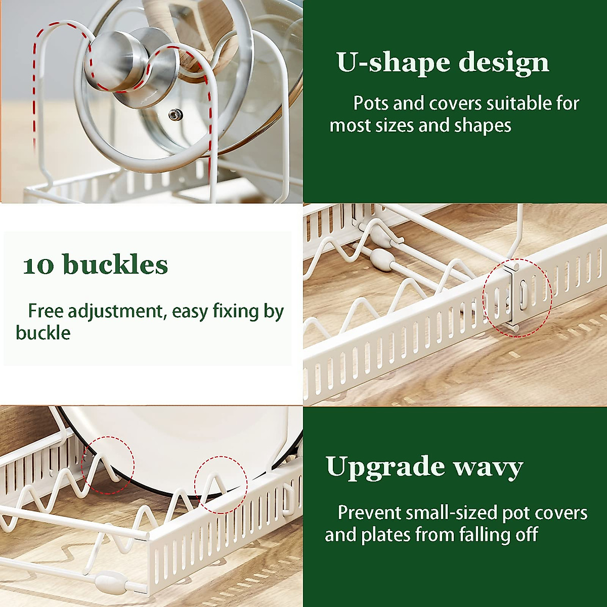 S SNUOY Pot and Pan Organizer Expandable Pan Lid Organizer Rack for Cabinet Pot Lid Holder Rack with 10 Adjustable Compartment for Pot Lids Cutting Boards,White