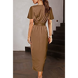 PRETTYGARDEN Women's Summer Formal Midi Satin Dress Short Sleeve V Neck Belted Cocktail Party Ruched Dresses (Brown,X-Large)