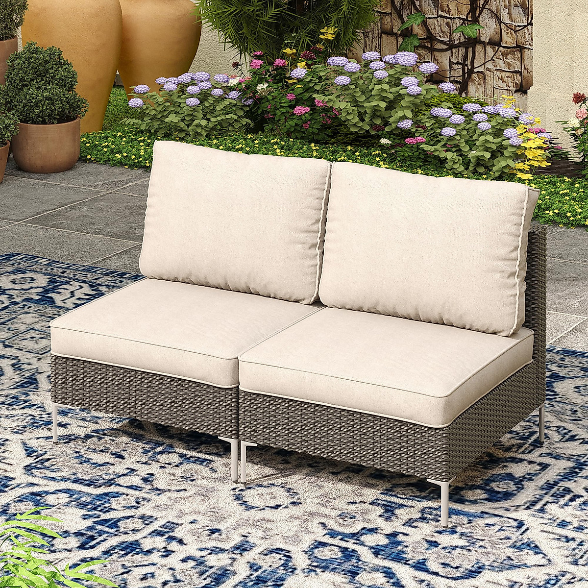 VICLLAX 2 Pieces Wicker Patio Furniture Set, Outdoor Conversation Set of 2 Armless Sofas with Cushion for Garden, Poolside, Backyard, Grey PE Rattan