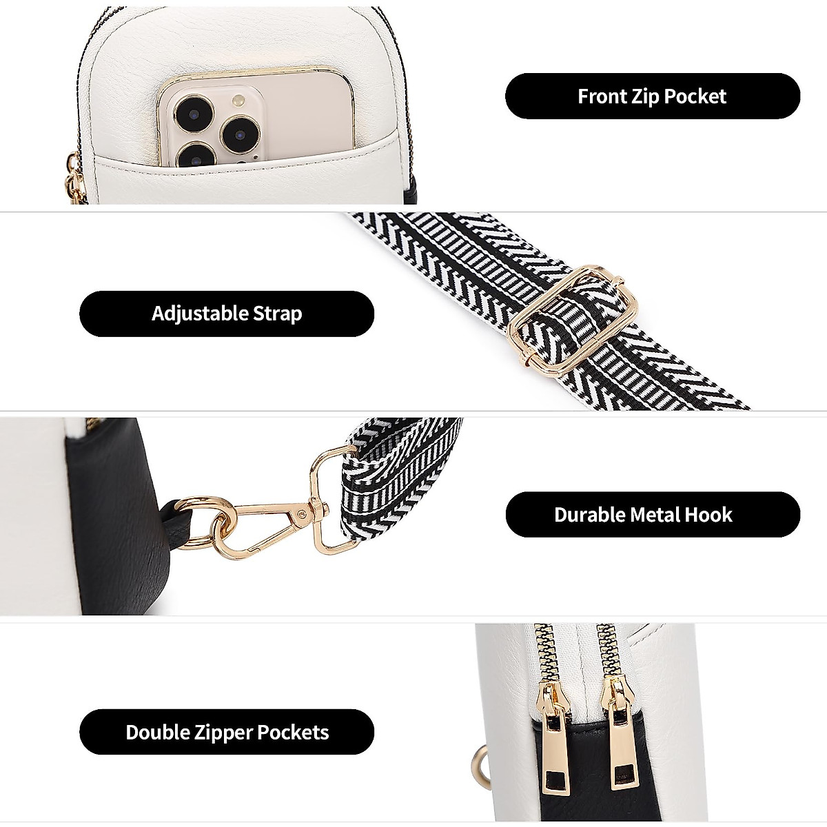 VATAN Small Sling Bag Women's Crossbody Fanny Packs Leather Crossbody Bags for Women (A-Black with White)