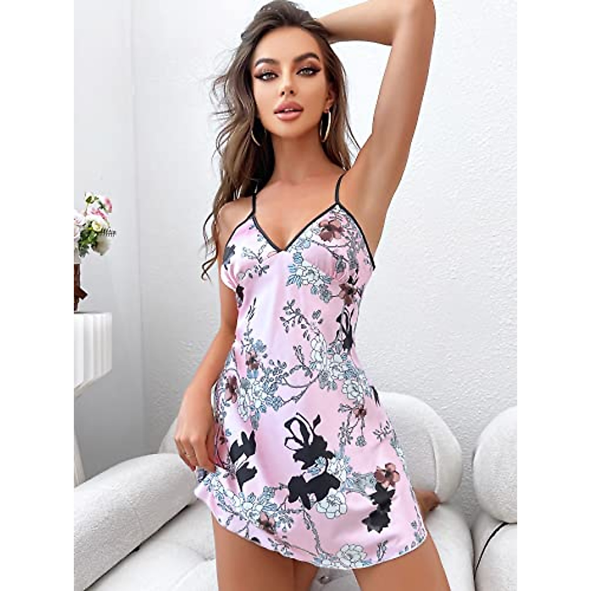 WDIRARA Women's Satin Nightgown Floral Backless V Neck Chemise Sleepwear Short Night Dress Pink L