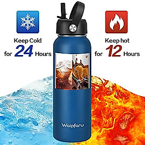 Waipfaru Insulated Water Bottle 40oz, Stainless Steel Water Bottles with Straw Lid, Metal Sports Water Bottle Keep Cold & Hot, Double Wall Vacuum Wide Mouth Sweat-proof for Sports Travel, Navy Blue