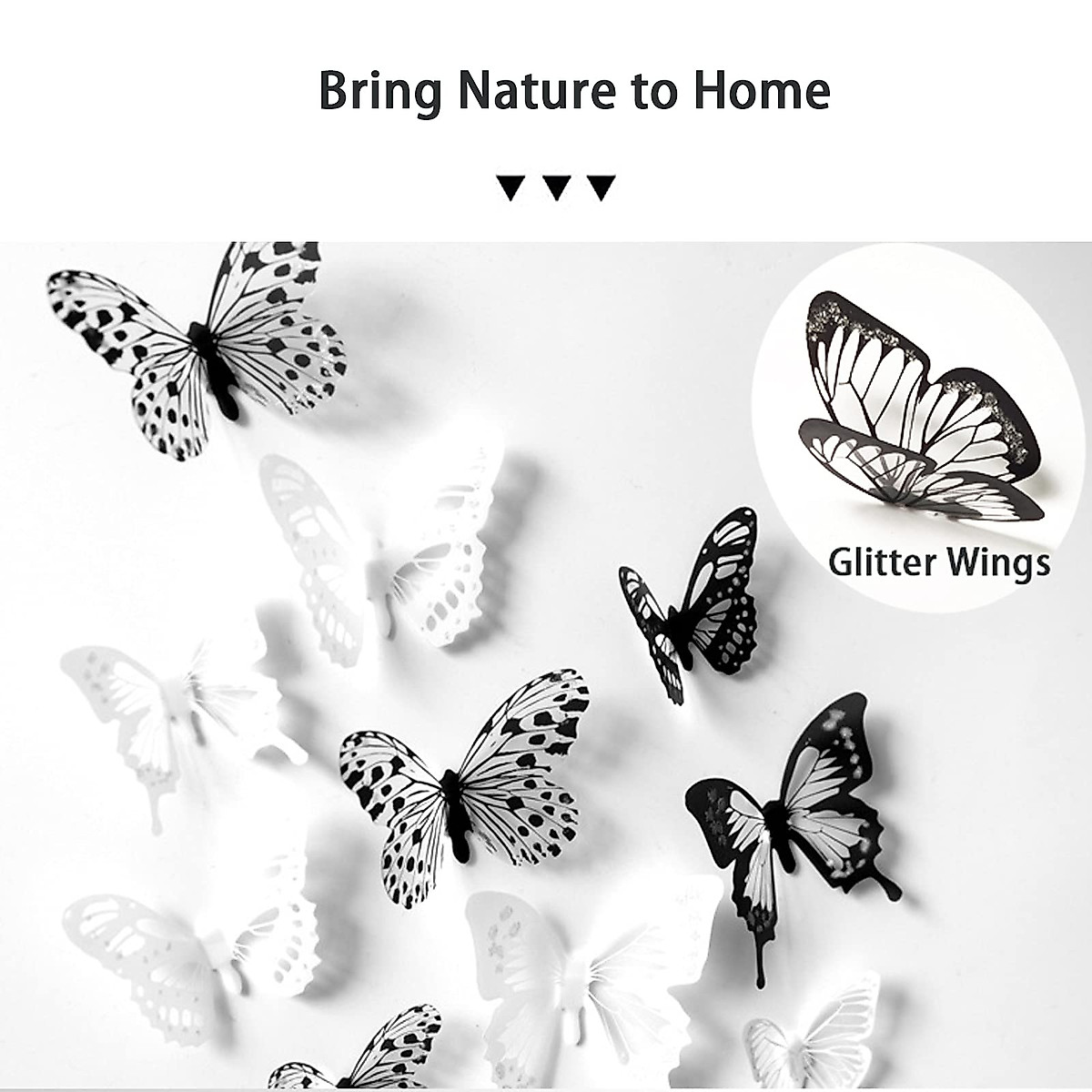 HZMM 72 Pcs 3D Butterfly Wall Stickers, Waterproof PVC, Black & White, Removable Paper Decals with Sticky Dots for Window, Furniture, Wedding, Baby Kids Bedroom Christmas DIY Decor