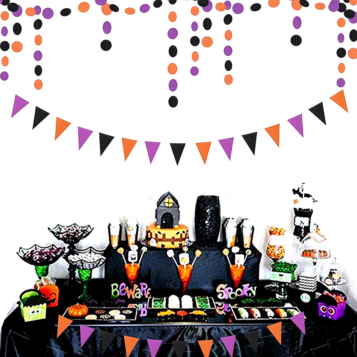 Black Orange Purple Halloween Party-Decorations Banner,2 Pack Graduation 2024 Birthday Baby Shower Streamers Garland Decor Glitter Paper Triangle Pennant Flags Bunting Lasting Surprise