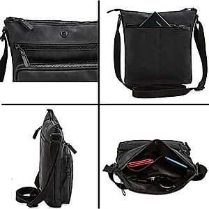 Cochoa Women's Crossbody Real Leather Triple Zip Bag, Purse, Travel Bag (Black Crazy Horse)