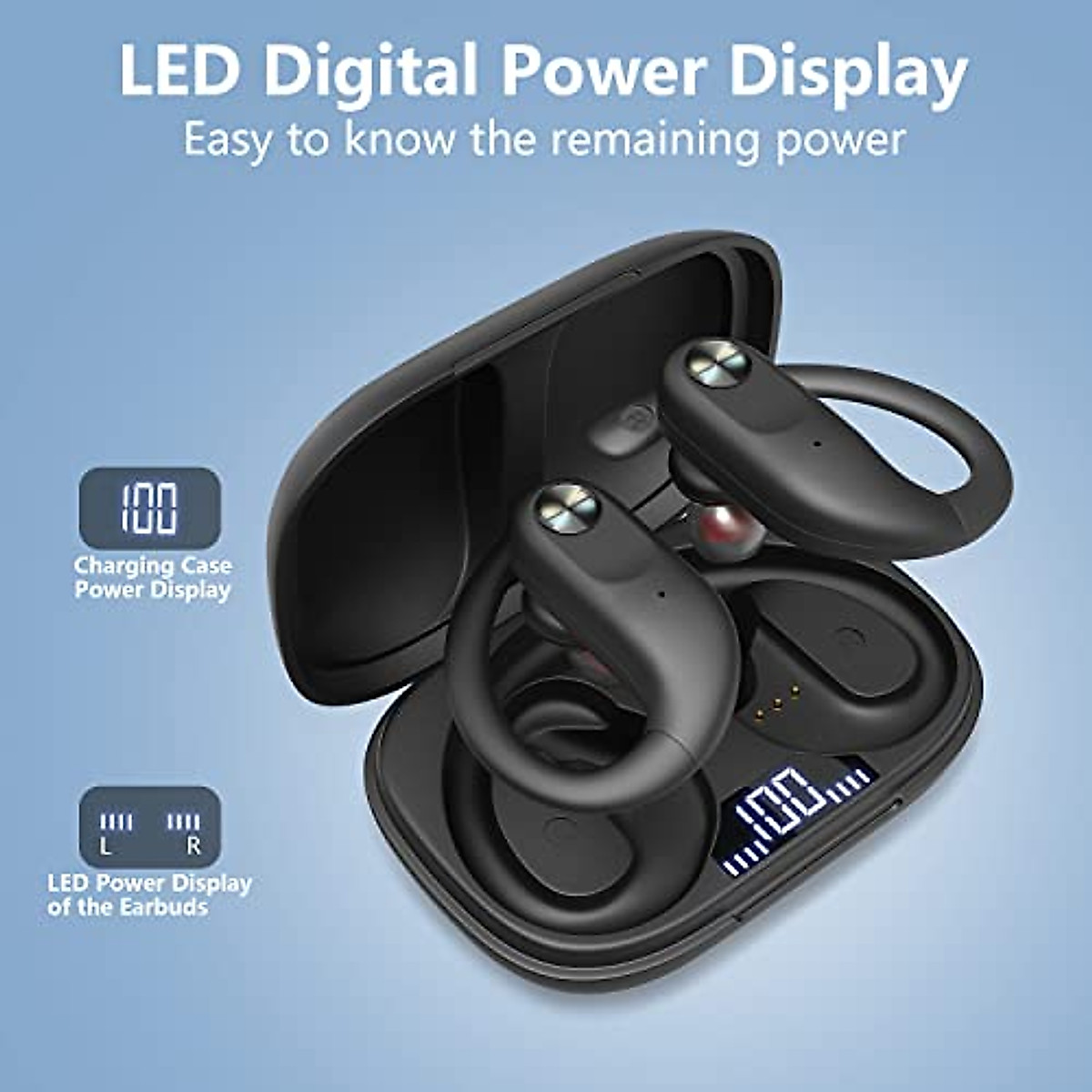 Wireless Earbuds 48H Playback Bluetooth Headphones Earbuds with Wireless Charging Case and Earhooks Over Ear Waterproof Earphones with Mic for Sports Running Workout iOS Android Phone Laptop Black