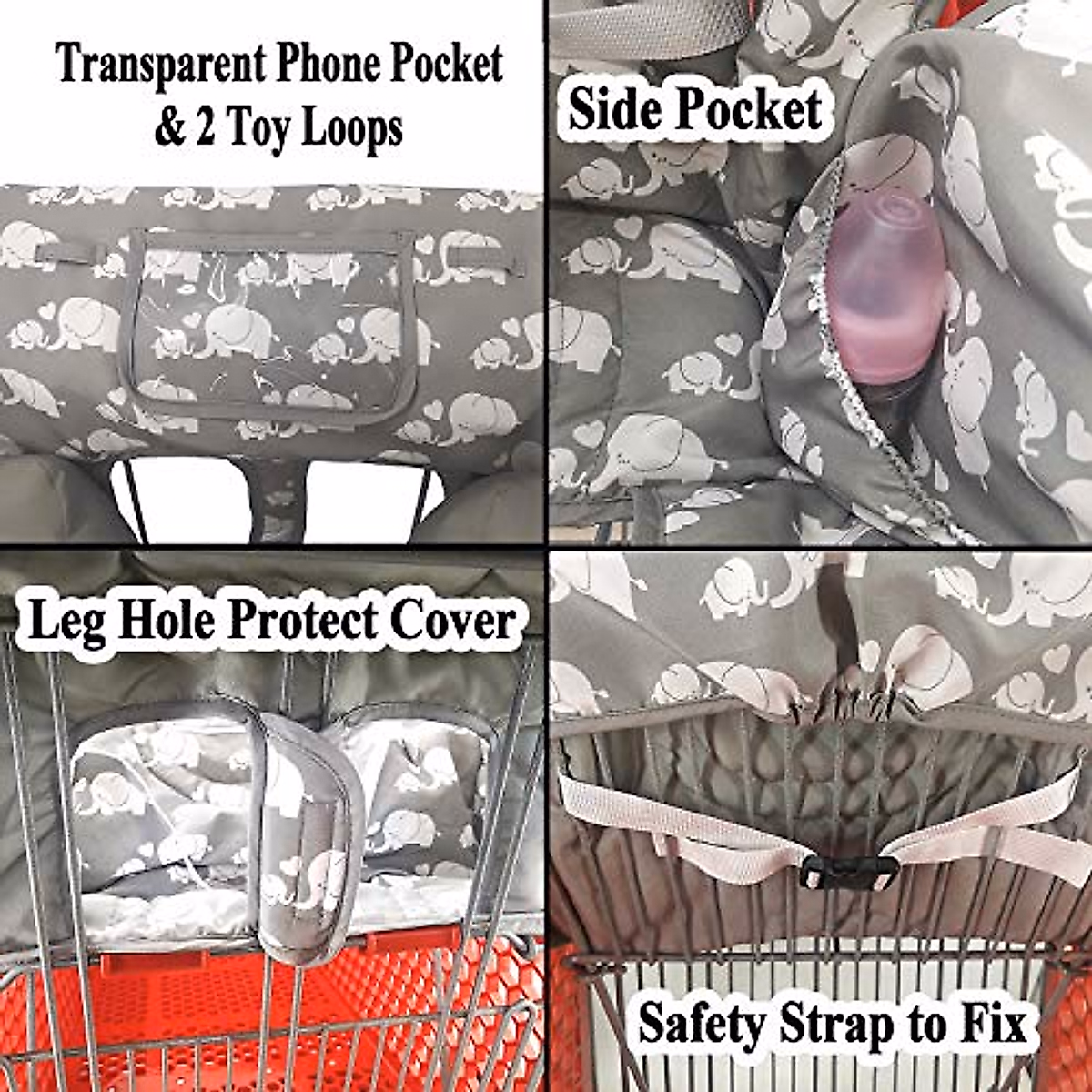 Soft Pillow Attached 2-in-1 Shopping Cart and High Chair Cover for Baby~Padded~Fold'n Roll Style~Portable with Free Carry Bag (Elephant)