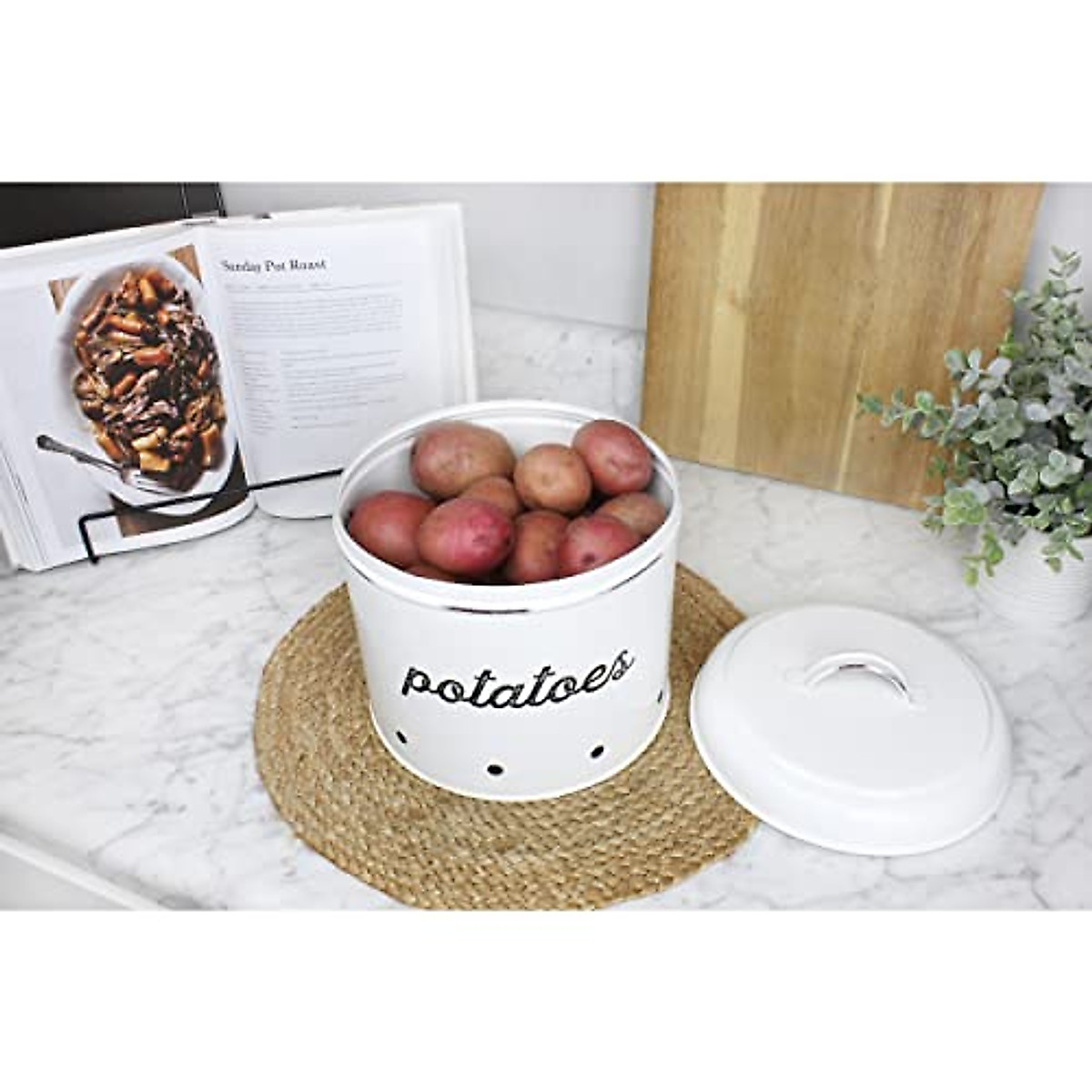AuldHome Potatoes, Onions and Garlic Canister Set; Rustic White Enamelware Vegetable Storage Containers