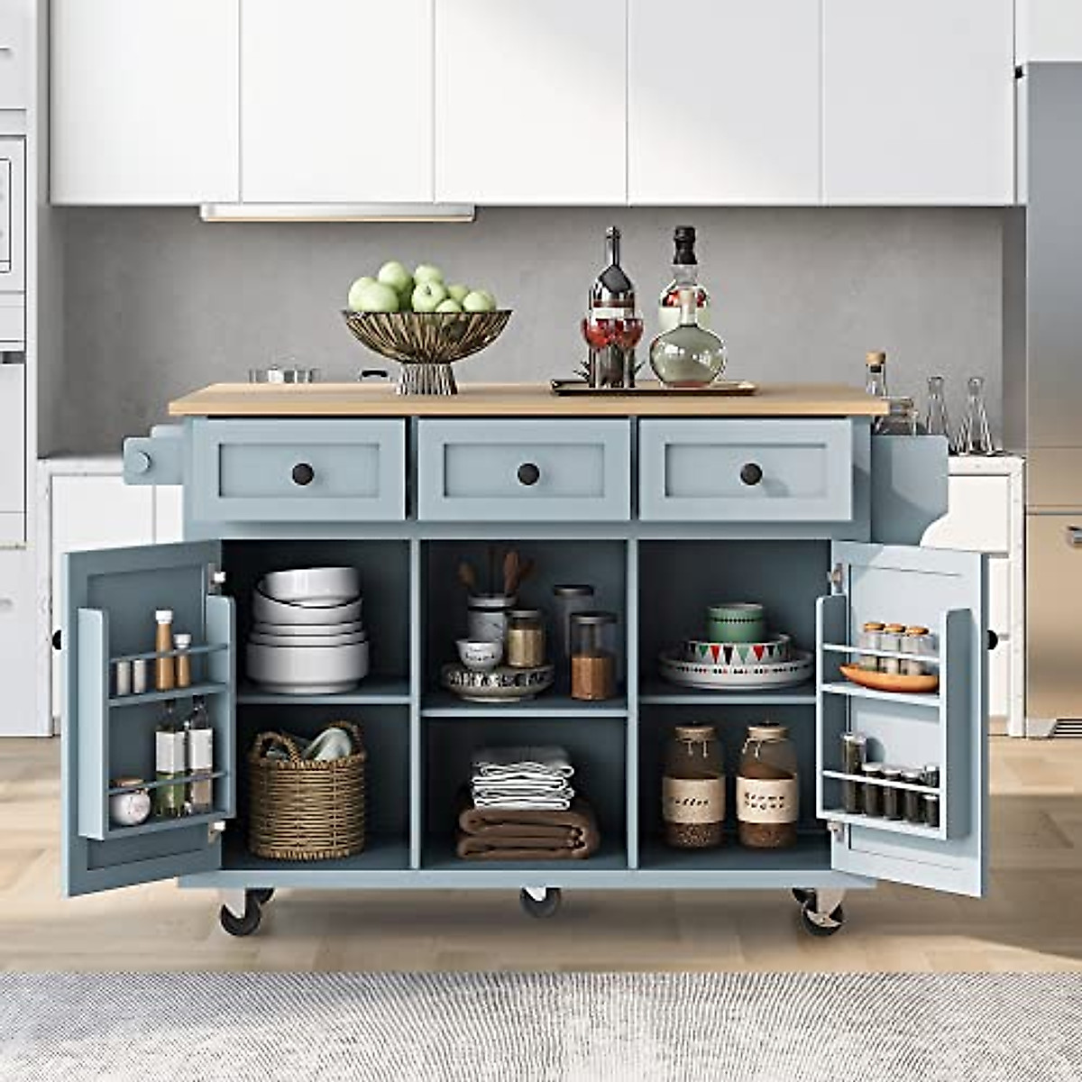 AnQuipet Kitchen Islands on Wheels with Wood Top, Farmhouse Kitchen Island with Adjustable Shelf, 3 Drawers and Open Shelves for Rolling Kitchen cart,Lockable Casters