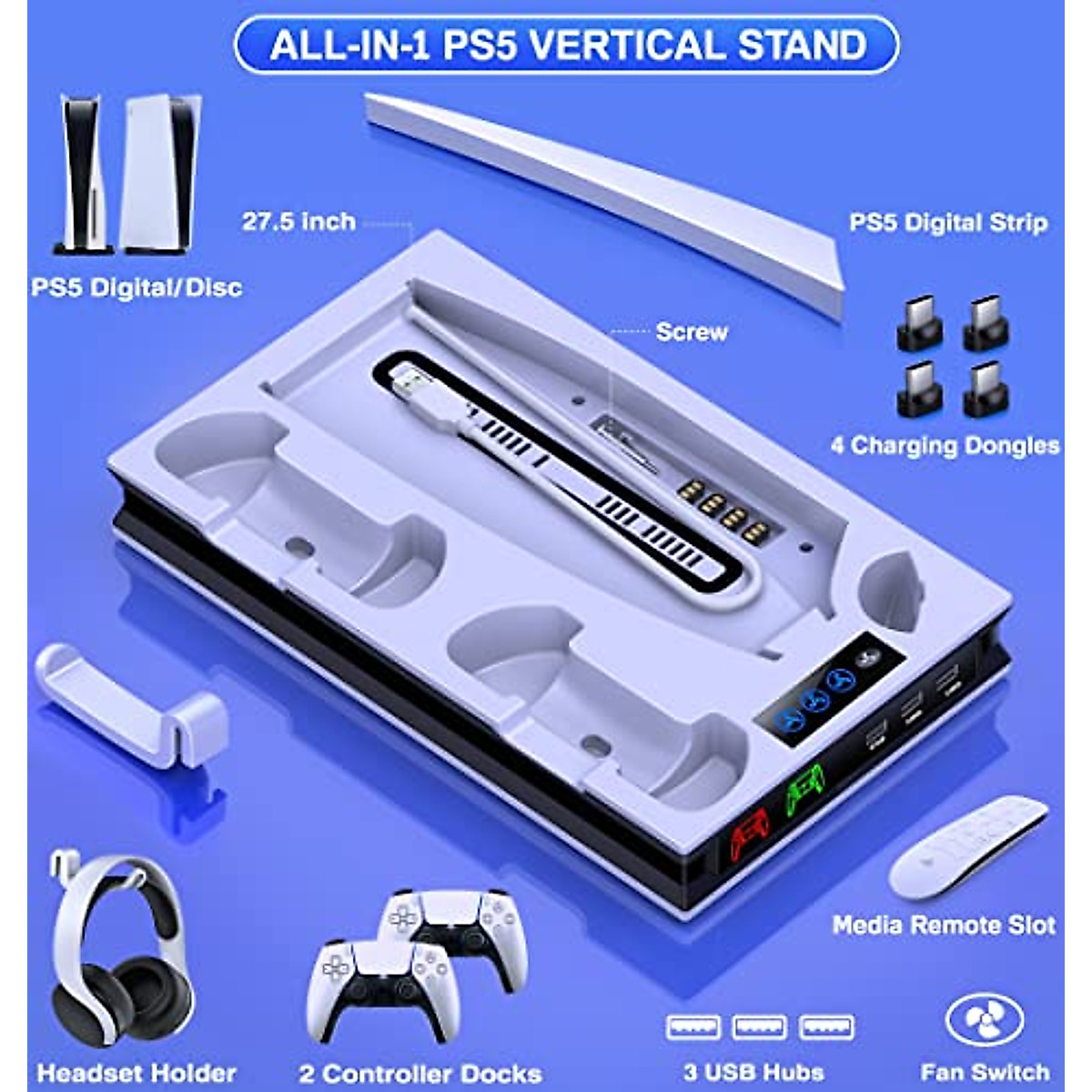 PS5 Stand with 3 Level Cooling Fan, Dual Fast PS5 Controller Charging Station Incl. 4 USB C Dongles, 3 USB Hubs, Headset Holder, Media Slot,PS5 Accessories PS5 Cooling Station for Sony P5 Digital/Disc