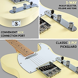 LyxPro 39” Electric Guitar TL Series, Full-Size Paulownia Wood Body, 3-Ply Pickguard, C-Shape Neck, Ashtray Bridge, Quality Gear Tuners, 3-Way Switch & Volume/Tone Controls, 2 Picks Included, White