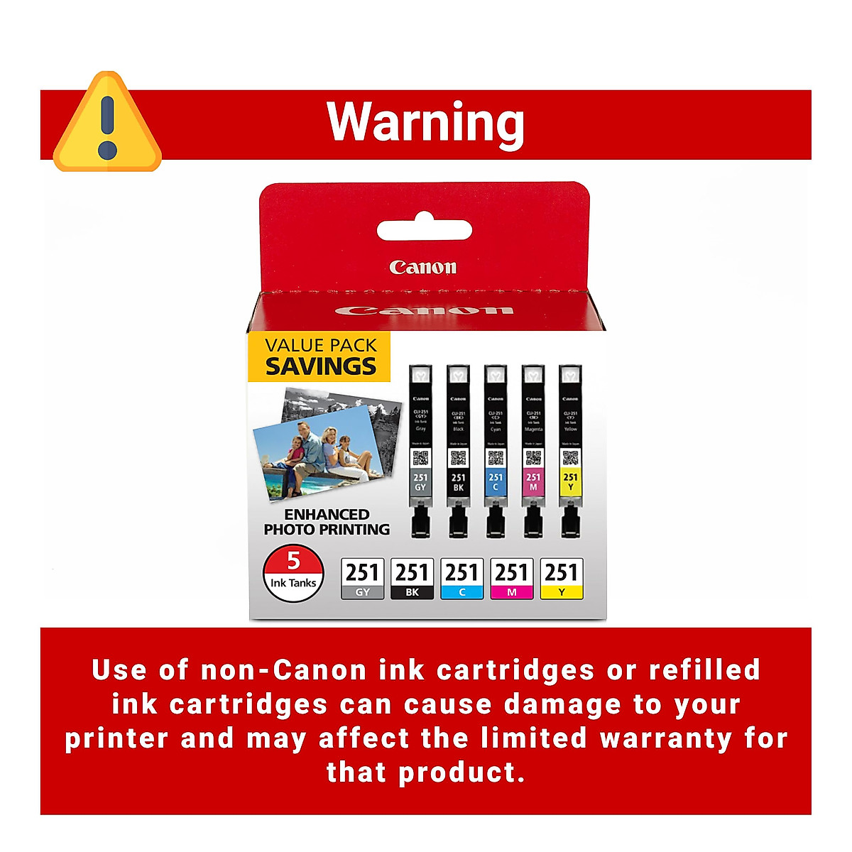 Canon CLI-251 BK/C/M/Y/GY 5 Color Value Pack Compatible to MG7520, MG5620, MG6620