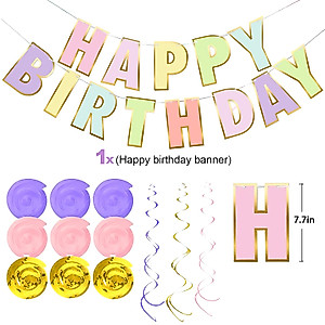 pugkloy Macaron Birthday Party Decorations with Macaron Happy Birthday Banner,Pastel Birthday Balloons,Circle Dots Garland,Tissue Pompoms,Hanging Swirls for Women Girls Pastel Birthday Decorations