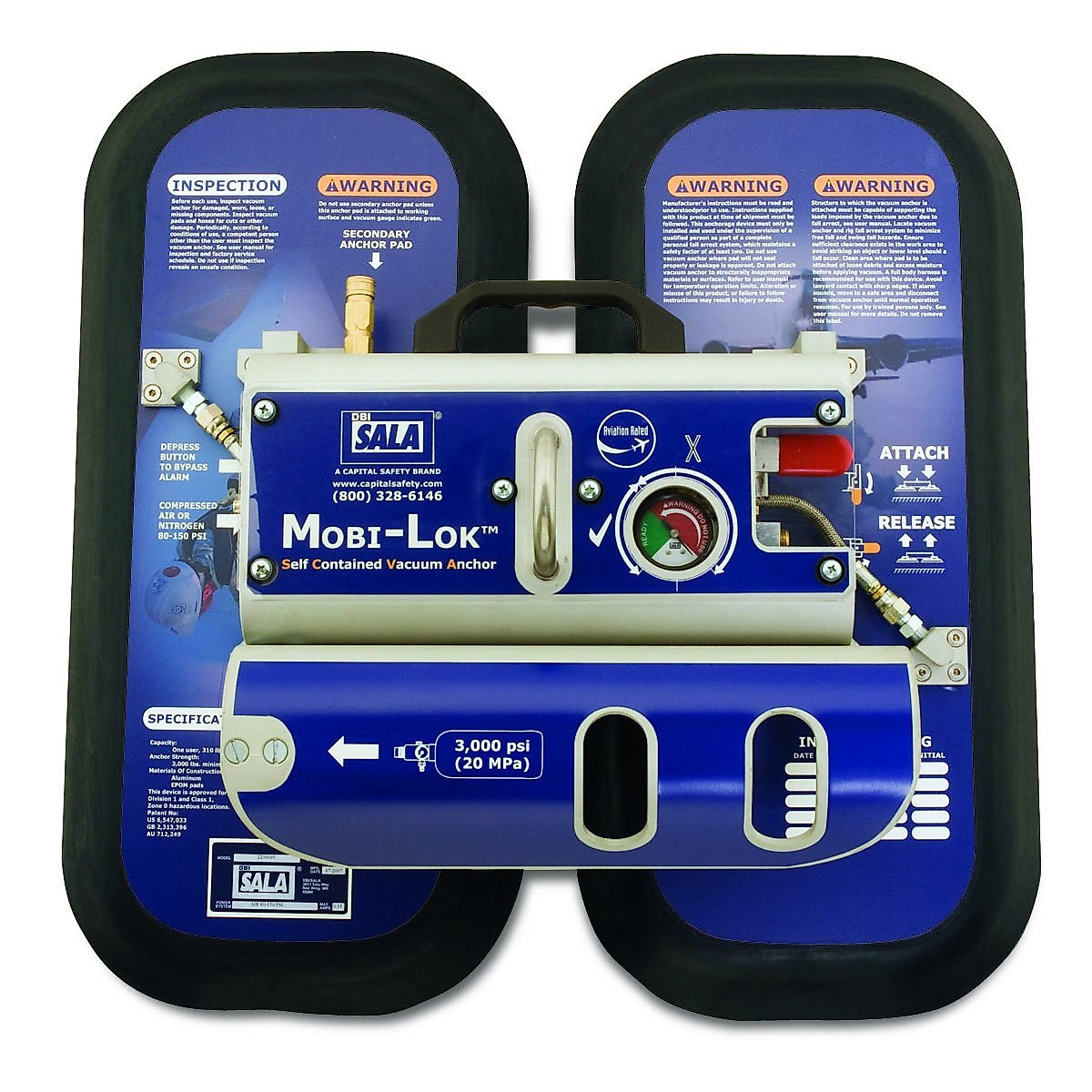 3M DBI-SALA Mobi-Lok 2200108 Aviation Industry Self Contained Vacuum Anchor System, With Attachment For Air Bottle, Carrying Case, Blue/Black
