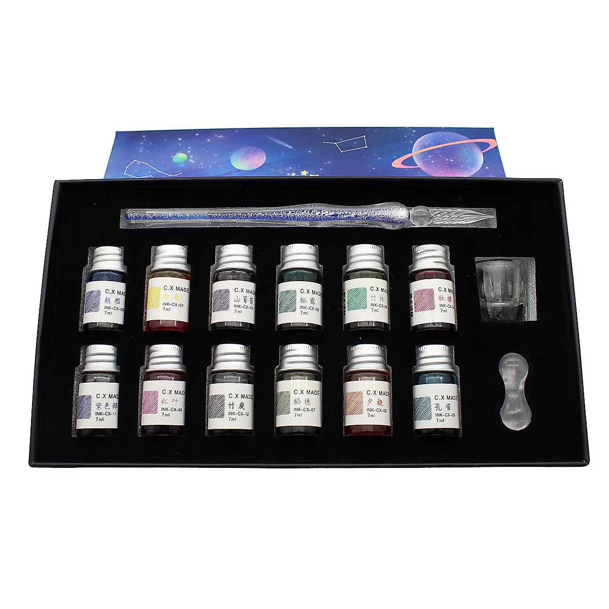 XIAOYU Glass Dip Pen Set, Calligraphy Pen Set, Happy Planet Glass Pen Set, 15-Piece Kit, Crystal Glass Pen & Pen Holder & Cleaning Cup & 12 Bottle Ink, Purple