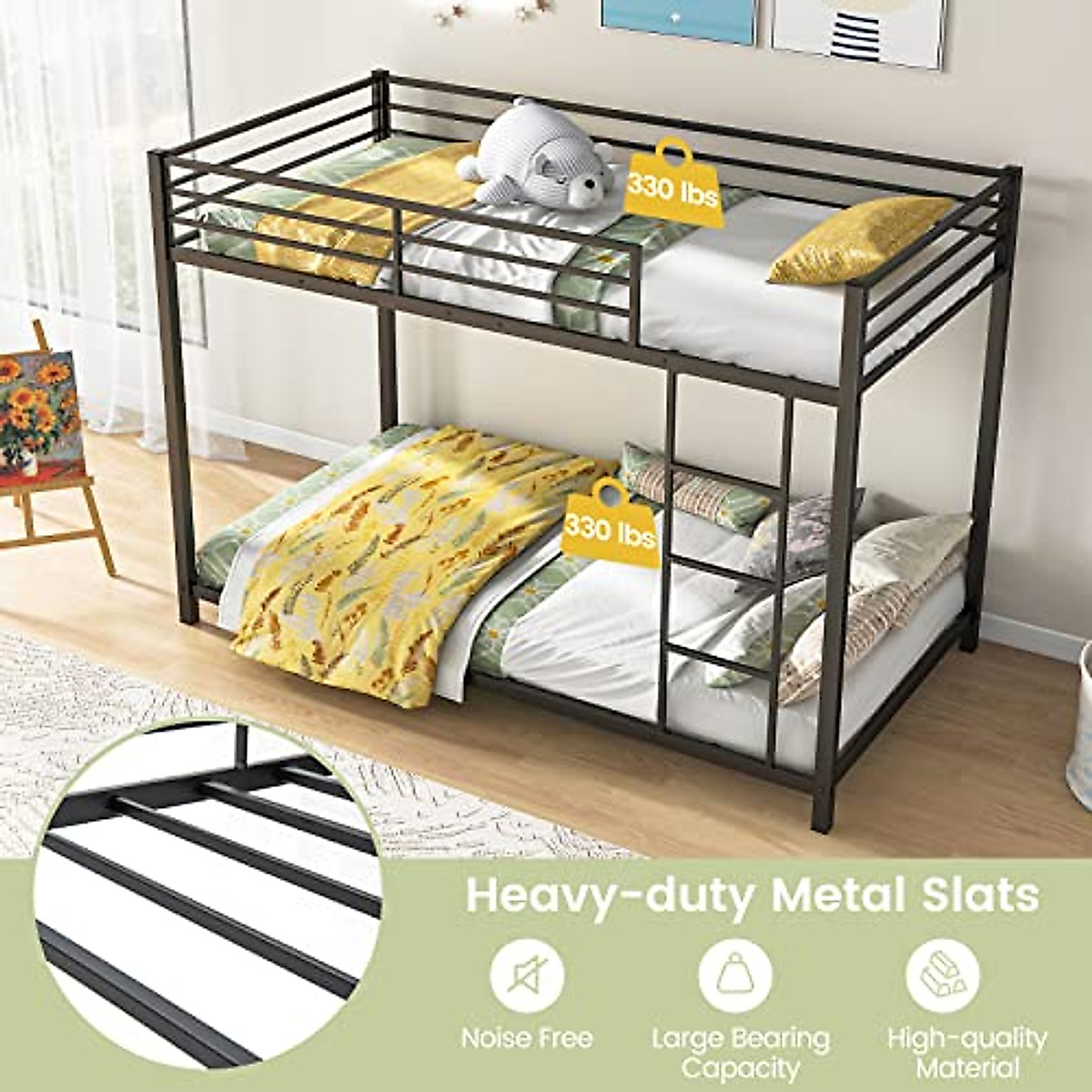 Giantex Metal Bunk Bed Twin Over Twin, Low Profile Bunk Bed Frame with Ladder & Full Length Guardrail, Space-Saving Twin Size Bed Frame for Kids Teens, No Box Spring Needed, Black
