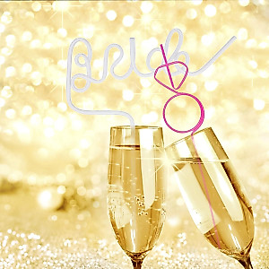 CHSLtmxq 12pcs Reusable Bachelorette Party Decoration Straws, Includes 1 White Large Bride Straw,11 Pink Diamond Ring Straws, Bride party Favors Bridal Shower Wedding Engagement 12.6‘’ With 2 Brushes