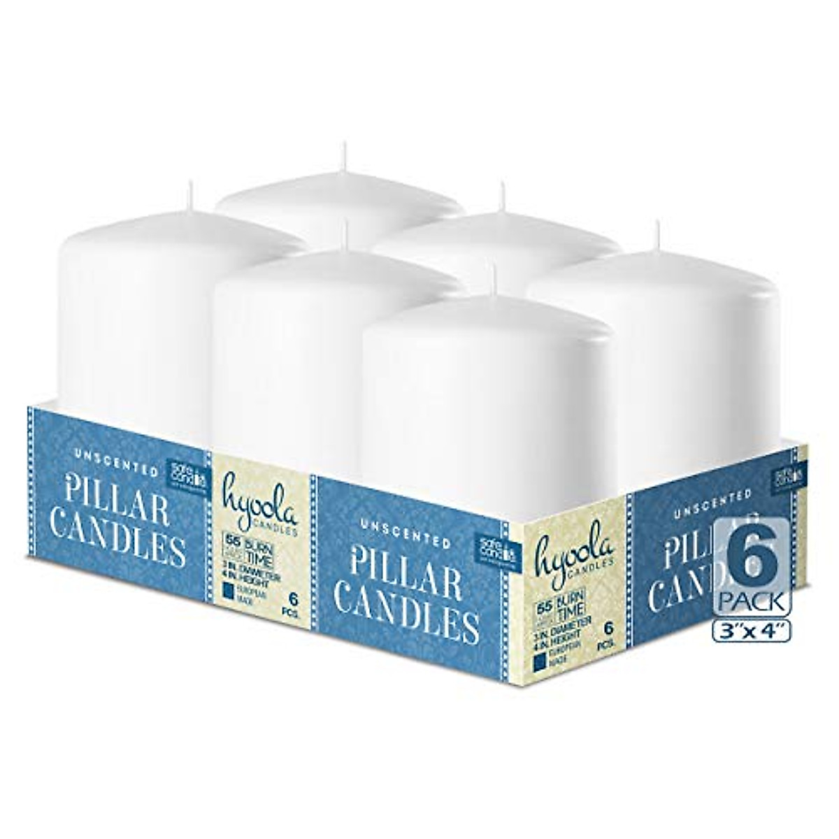 Hyoola White Pillar Candles 3x4 Inch - Unscented Pillar Candles - 6-Pack - European Made