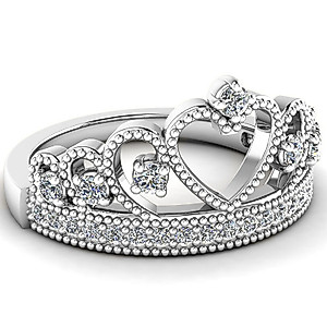 Sterling Silver Rhodium Plated Heart Princess Crown CZ Band Ring Size 7