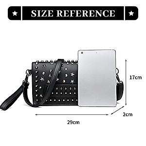 KUANG! Black Dark Punk Style Shoulder Bag Pu Leather Wristlets Clutch Purse Fashion Rivets Handbags