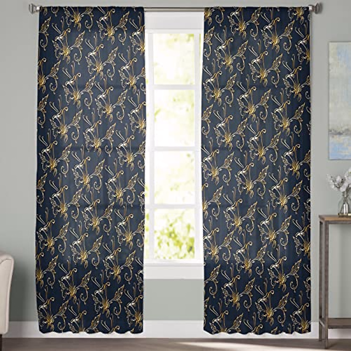 Singingin Chiffon Backdrop Curtain, Gold Gradient Floral Leaves Black Soft Lightweight Window Drapes Rod Pocket Curtains for Bedroom Living Room Home Office Decor 52 x 84 Inch, 2 Panels