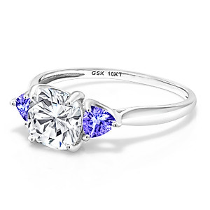Gem Stone King 10K White Gold Multi Color Multi 3-Stone Engagement Ring For Women (1.92 Cttw, 7MM Cushion and 4MM Trillion, Available In Size 5, 6, 7, 8, 9)