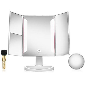 Vanity Mirror, Makeup Mirror with Light, Lighted Makeup Mirror, LED Mirror w/ 1x Magnifying Vanity (2-Pc. Set) Portable, Trifold Mirror | Brighter Clarity, Lit Daylight HD Lighting | Apply Cosmetics