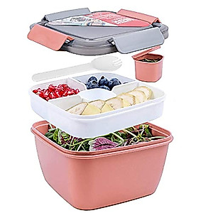 shopwithgreen 52 OZ to Go Salad Container Lunch Container, BPA-Free, 3-Compartment for Salad Toppings and Snacks, Salad Bowl with Dressing Container, Built-in Reusable spoon, Microwave Safe