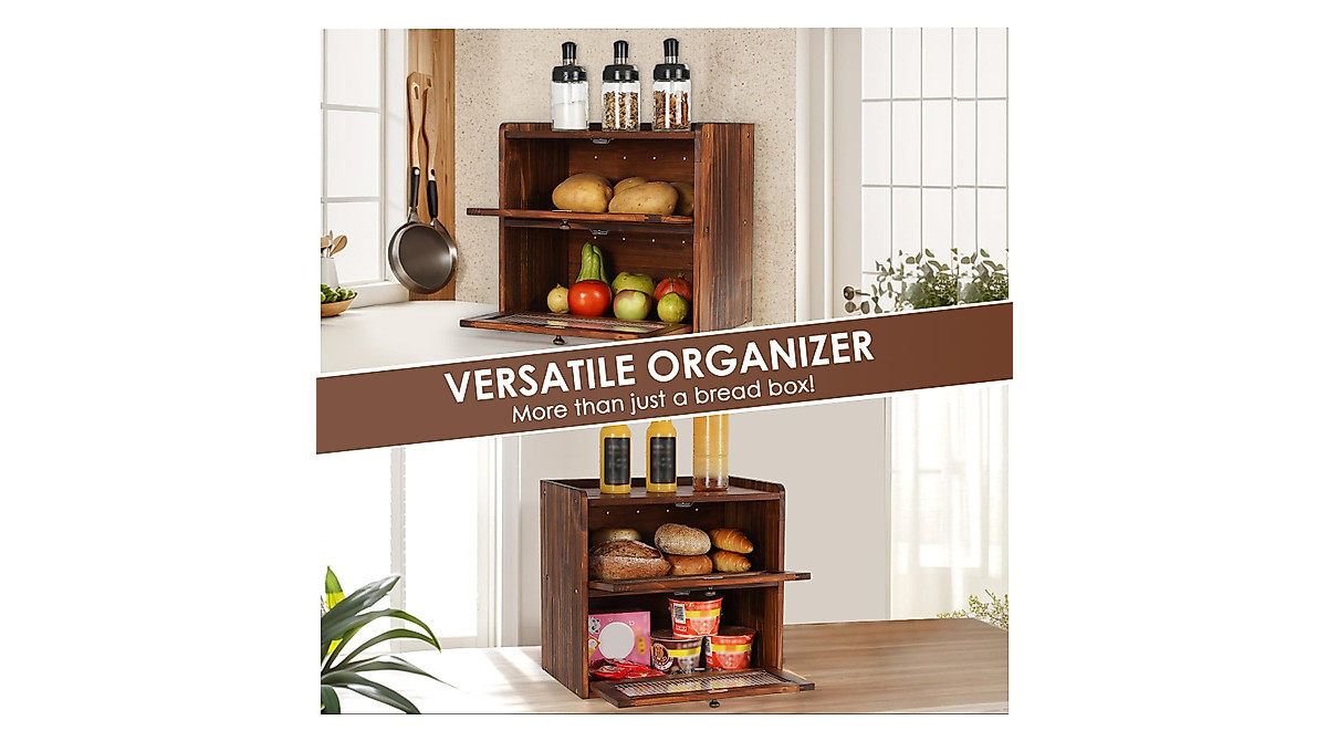 Sunhoo 2-Layer Wooden Bread Box | Keep Bread Fresh, Organize Kitchen