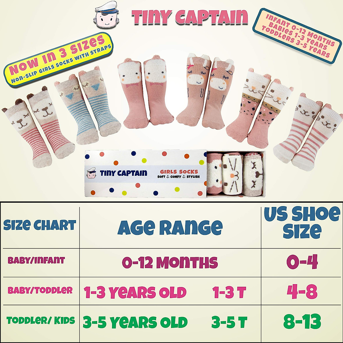 Tiny Captain Baby Toddler Girls Animal Grip Tube Socks Non/Slip Anti-Skid 1 Year Old Gift Ages 1-3 Socks(1-3 Year Old, Pink)