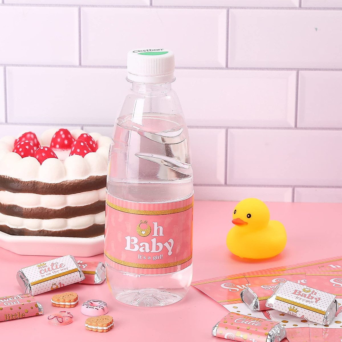 80 Pieces Baby Shower Water Bottle Labels Shower Water Bottle Stickers Wrappers Waterproof Baby Shower Labels for Baby Shower Party Decoration (Pink Girl Style)