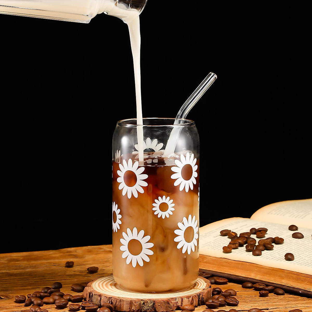 4 Pcs Iced Coffee Cup with Bamboo Lids and Straws 16 oz Flower Beer Can Butterfly Can Shaped Glasses Cup Thank You Gift Cup Mother's Day, Birthday Gift for Social Worker Women Mom Girl(Flower)