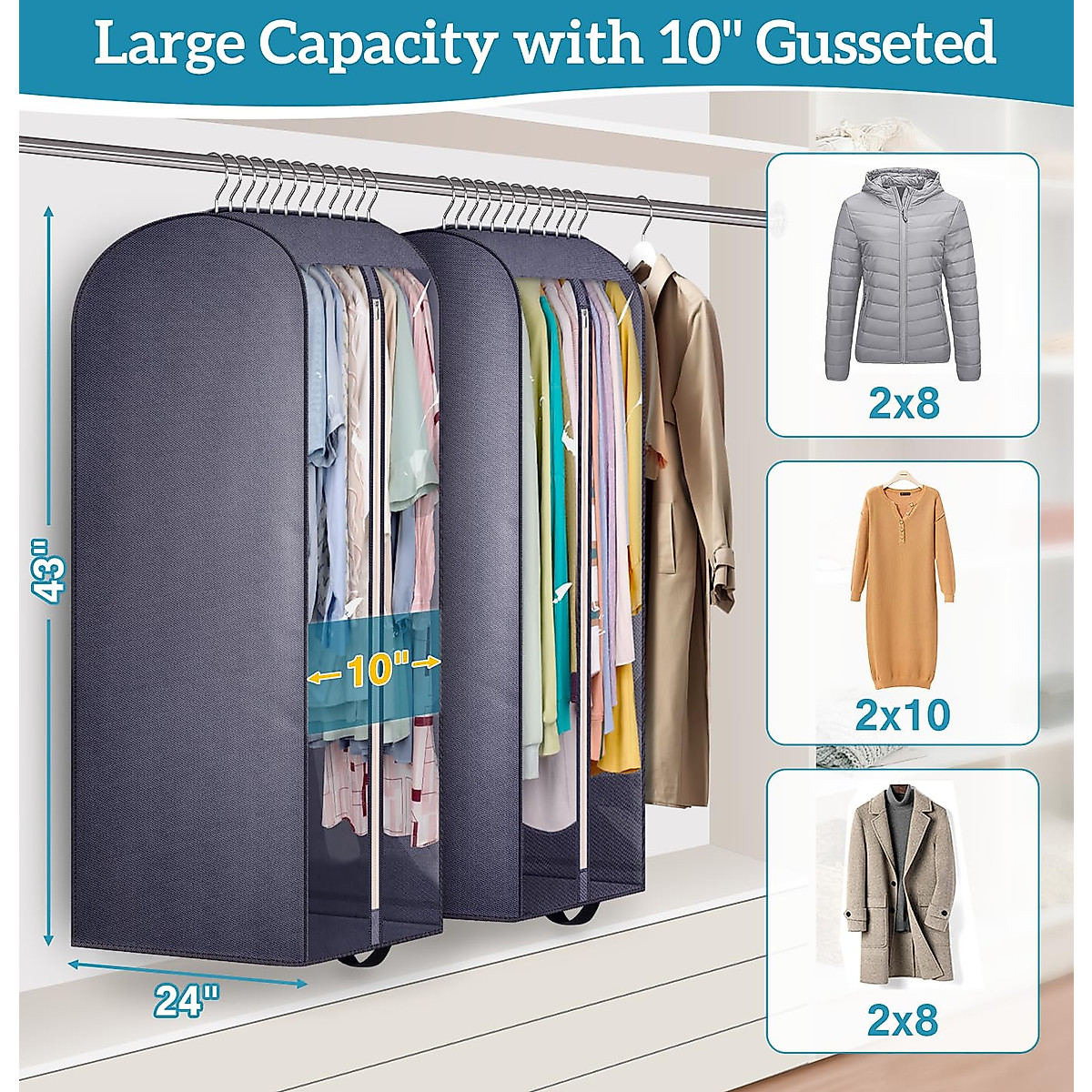 KIMBORA 10" Gusseted Clear Garment Bags for Hanging Clothes Storage, 43" Suit Bags for Closet Storage with Handles, Garment Covers for Coats, Jackets, Sweaters (2 Packs, Grey)