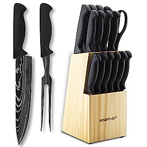 KNIFAST Kitchen Block Knife Set 16 Pieces With Boning Knife and Carving Fork, Manual Sharpening for Chef Knife Set Ultra Sharp