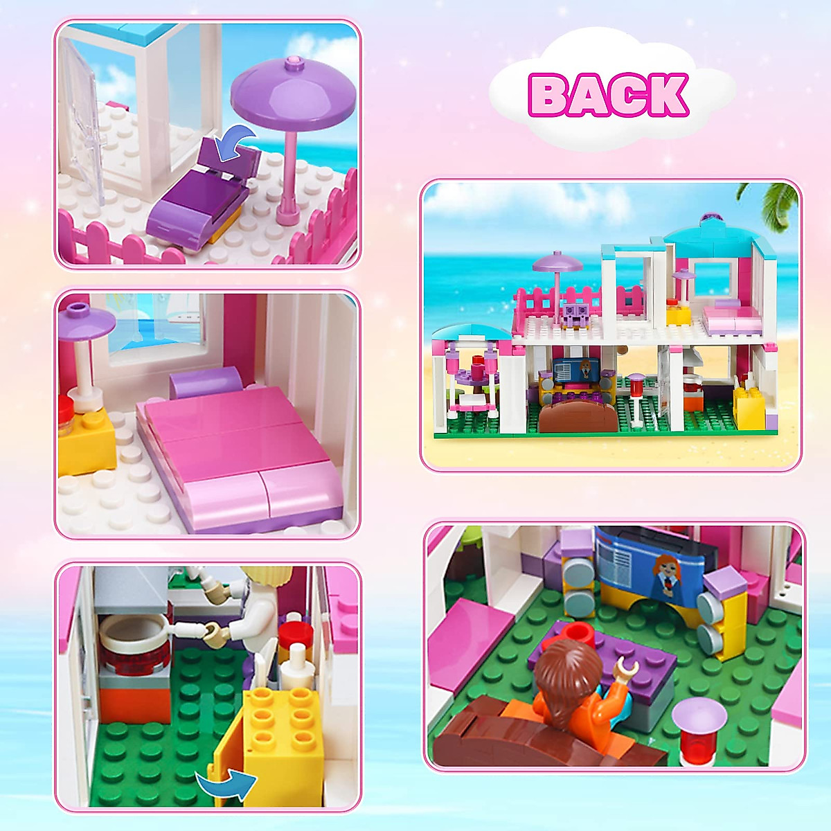 BRICK STORY Dream Girls Friends House Building Sets Beach House for Girls 319 PCS Seaside Villa with Swing Sun Lounger Building Kit Play Set Toys for Kids Aged 6-12