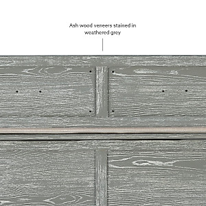 Linon Weathered Grey Carlton Storage Bench with Beige Upholstered Back and Cushioned Seat