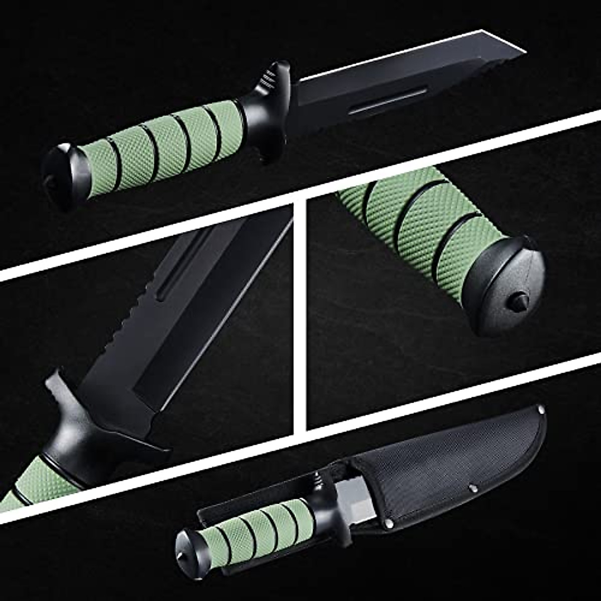 Leopcito 13.6" Fixed Blade Tactical Knives with Sheath, Stainless Steel Survival Hunting Bushcraft Full Tang Non-Slip Handle Knife with Serrated Blade for Camping, Hunting, Adventure, EDC, D201BK