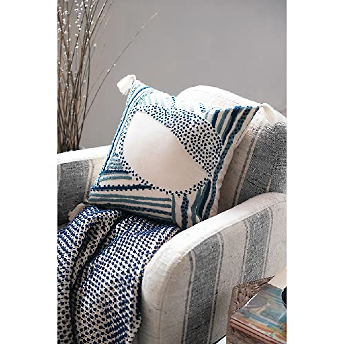 Creative Co-Op Cotton Embroidered Tassels Pillow, 18" L x 18" W x 2" H, Multicolor