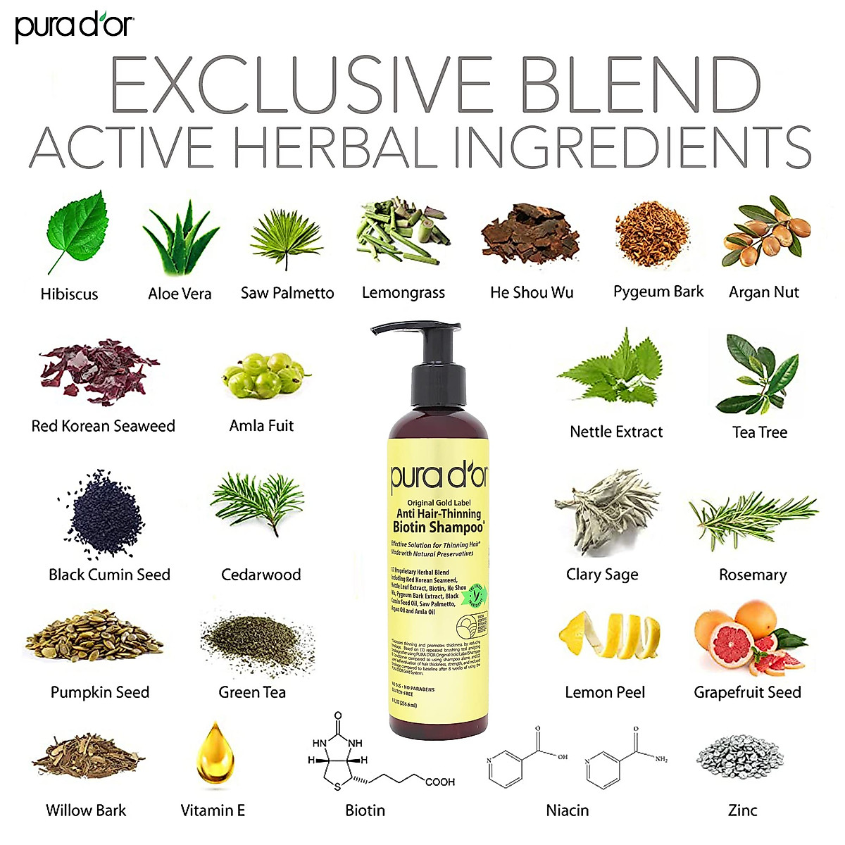 PURA D'OR Anti-Thinning Biotin Shampoo and Conditioner Natural Earthy Scent,CLINICALLY TESTED Proven Results,DHT Blocker Thickening Products For Women & Men,Original Gold Label Hair Care Set 8oz x2