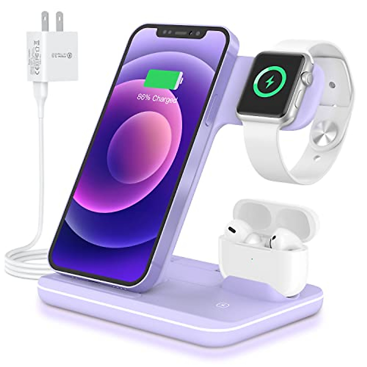 WAITIEE Wireless Charger 3 in 1,15W Fast Charging Station for Apple iWatch 6/5/4/3/2/1,for AirPods Pro,for iPhone 14/13/12/Pro Max/11 Series/XS Max/XR/XS/X/8/8 Plus,for Samsung Galaxy Phones (Purple)