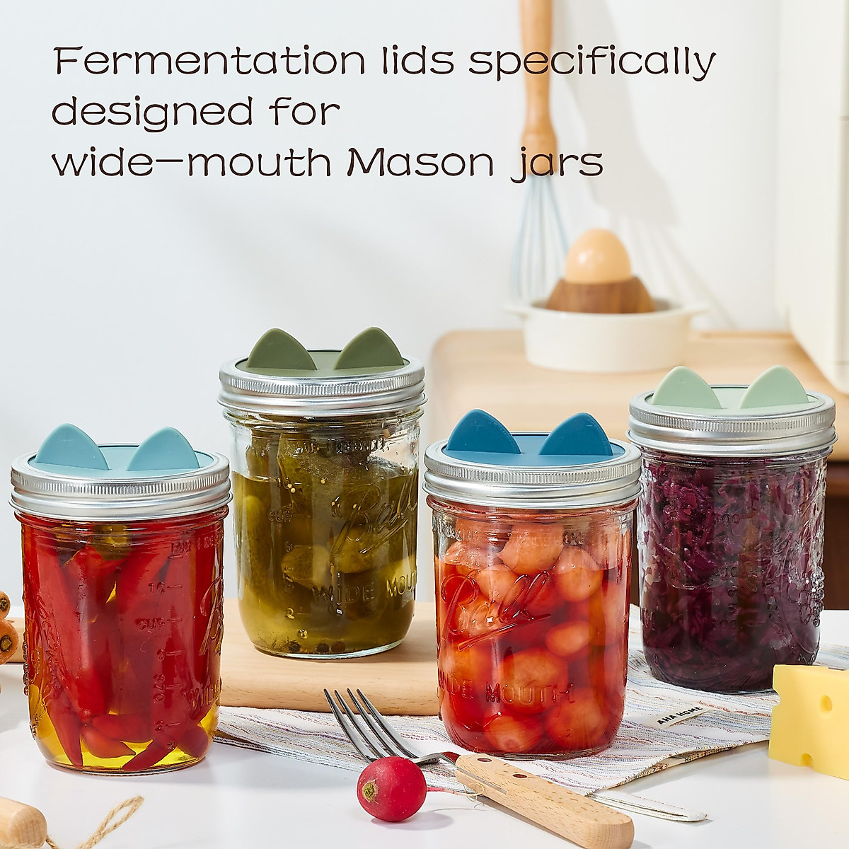 Wingcases Fermentation Lids Silicone Waterless Airlock, Suitable for Wide Mouth Mason Jars - For Making Pickled and Fermented Probiotic Foods, 4 Pack, Morandi Colors