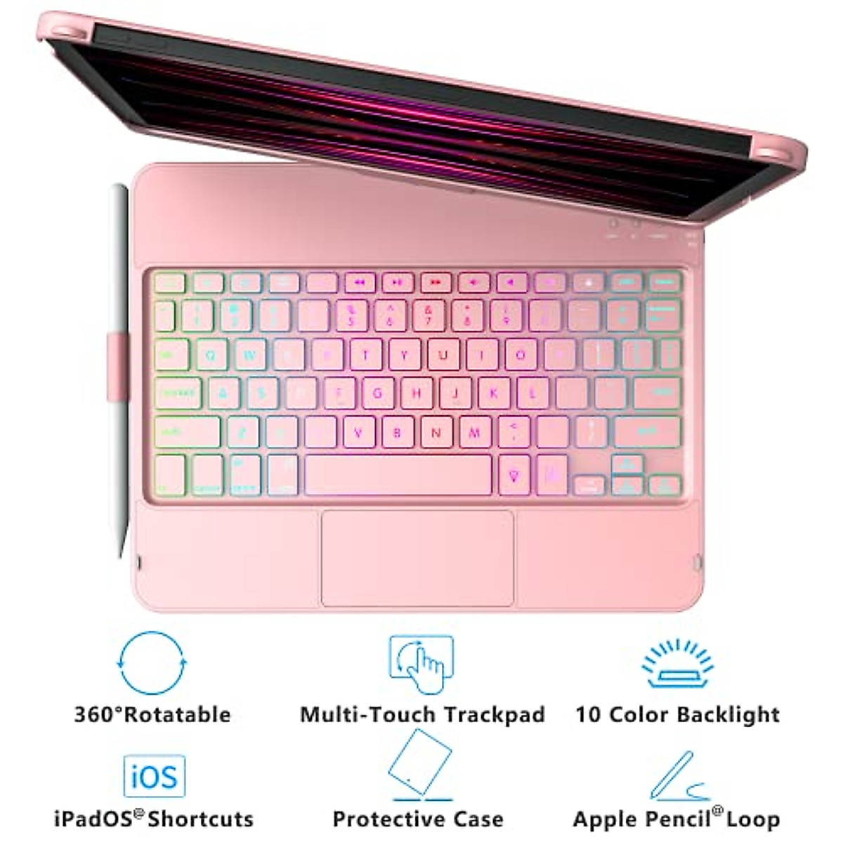 iPad Pro 11 inch Case with Keyboard, iPad Air 5/Air 4 10.9 inch Keyboard Case with Trackpad, Keyboard Case for iPad Air 5/Air 4 and iPad Pro 1-4 Gen, Backlit 10 Color & 360 Screen Rotation - Rose Gold