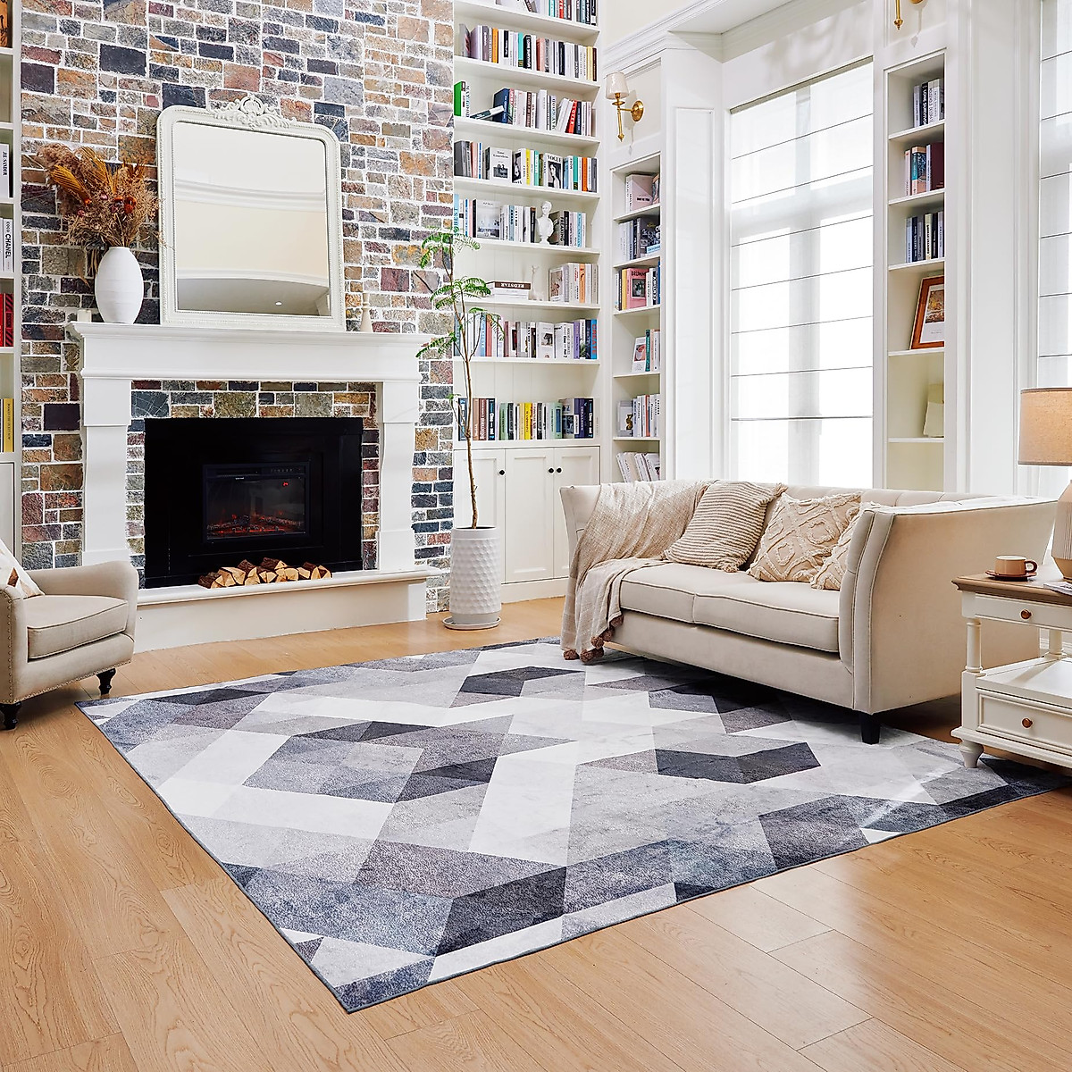 Casanta Living Machine Washable Rug - Geometric Abstract Area Rug - Neutral Gray Rug for Living Room, Bedroom, Entryway - Grey and Ivory White - 6x9