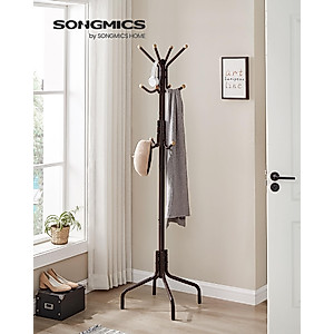 SONGMICS Coat Rack Freestanding, Metal Coat Rack Stand with 12 Hooks and 4 Legs, Coat Tree, Holds Clothes, Hats, and Bags, for Entryway, Living Room, Bedroom, Coffee Brown URCR031Z01