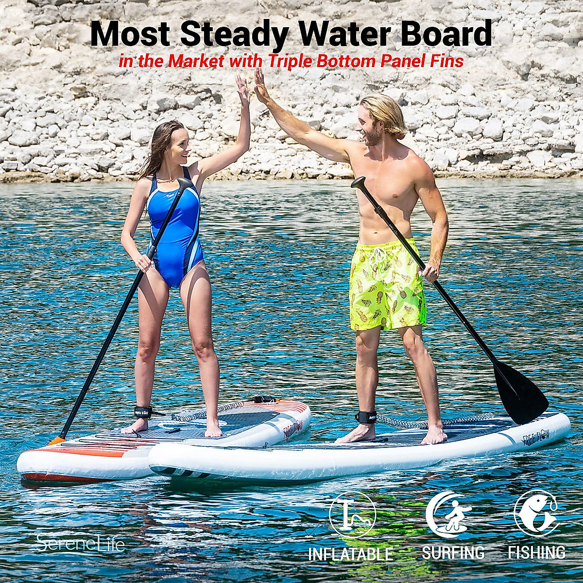 SereneLife Stand up Paddle Board Inflatable - Non-Slip SUP Paddle Board Paddle, Pump, Leash, and Accessories - Fun Water inflatable paddle board for Adults and Youth with Wide Stable Design