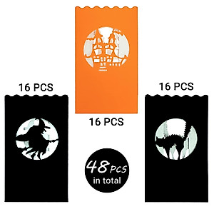 Stmarry 48 pcs Halloween Luminary Bags, Flame Resistant Luminaries, Orange and Black Tea Light Candle Bags - Witch, Black Cat Silhouette Decorations & Party Lanterns